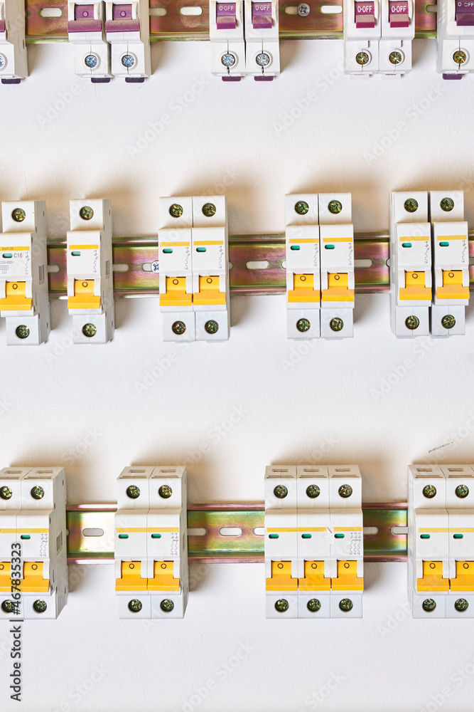 Electrical Circuit Breakers. RCD circuit breaker board with many ...