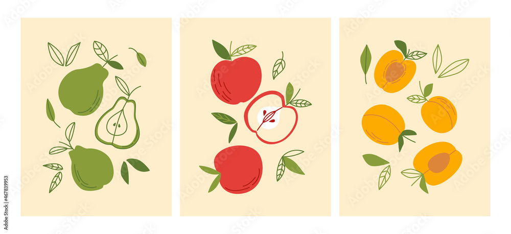Set of simple posters with fruits. Cards with pears, apricots, apples ...