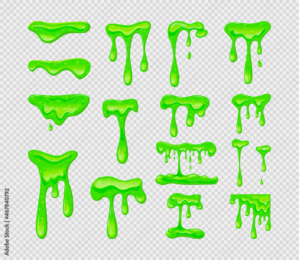Dripping green slime set.Collection of blots, splashes and smudges ...
