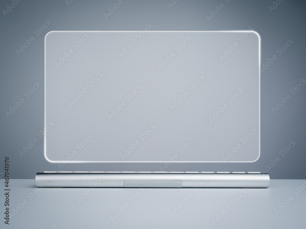 Blank virtual screen desktop monitor and modern silver keyboard on ...