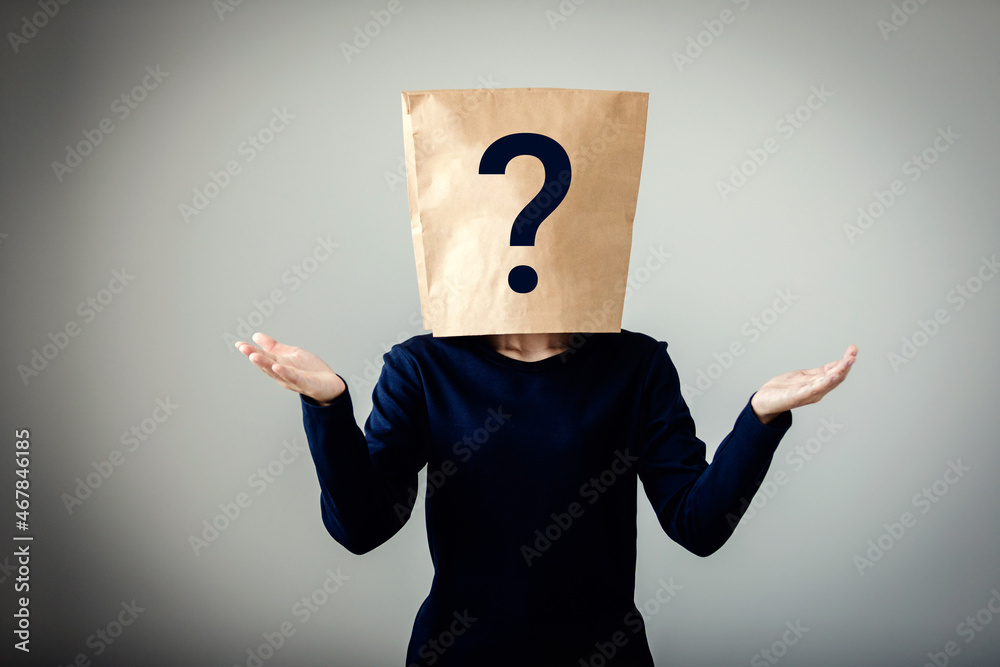 Young woman covered bag her face with question marks icon, Customer ...