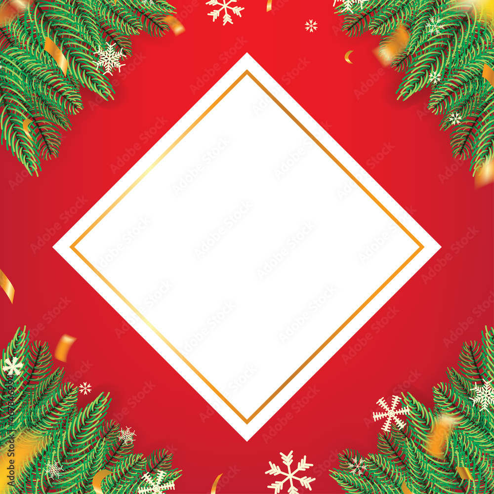 Red Christmas Theme Background with Fir Leaves, Snow, Confetti and ...