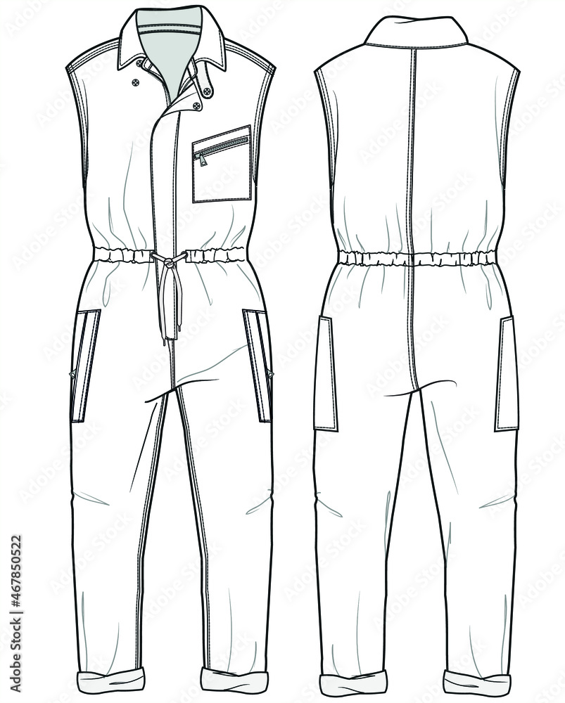 Women Cargo Jumpsuit Front and Back View. fashion illustration vector ...