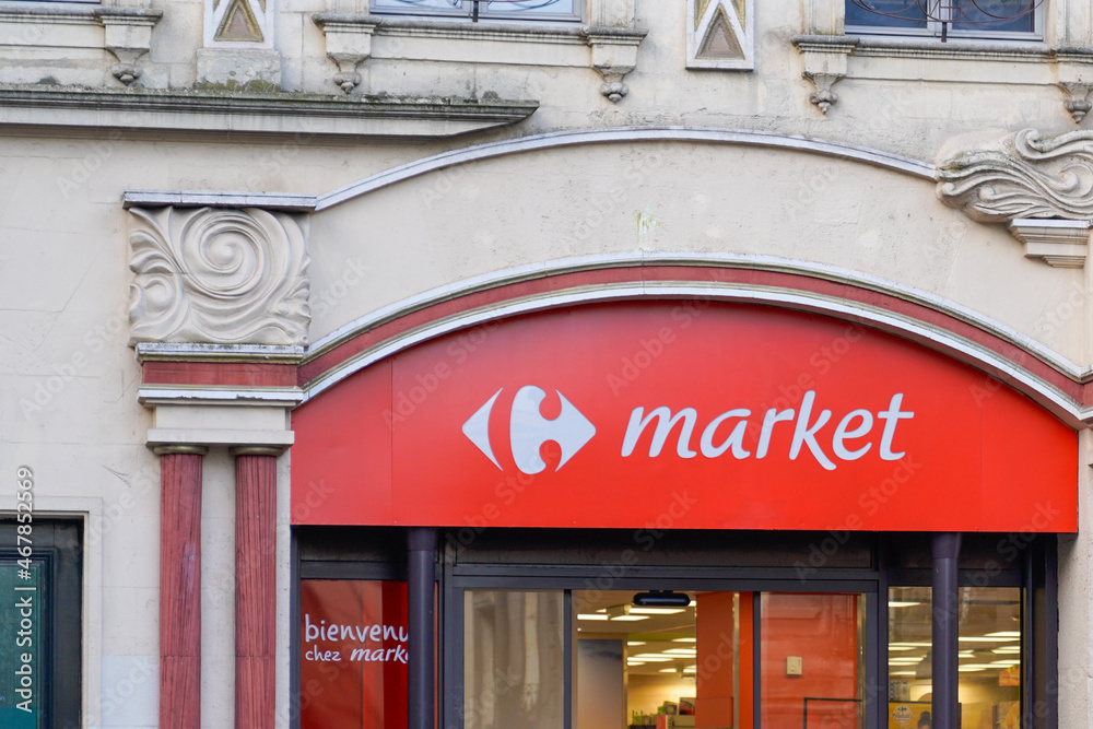 Carrefour market town logo and text sign on supermarket city brand ...