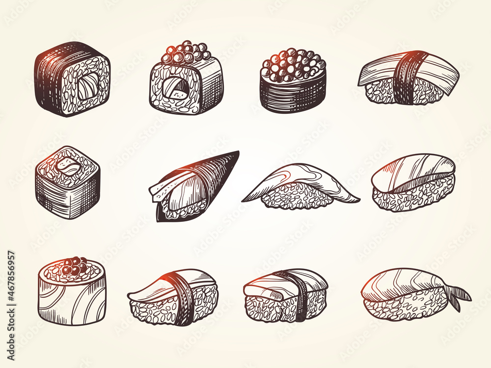 Sushi sketch. Hand drawn authentic asian food from fishes toro kani ...