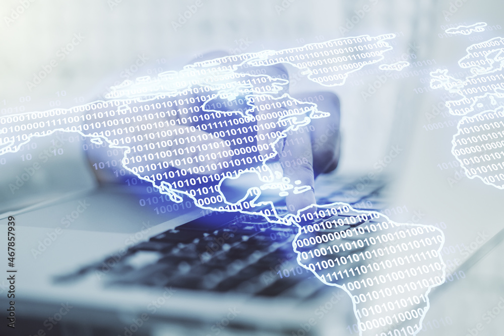 Digital America map and hands typing on laptop on background ...