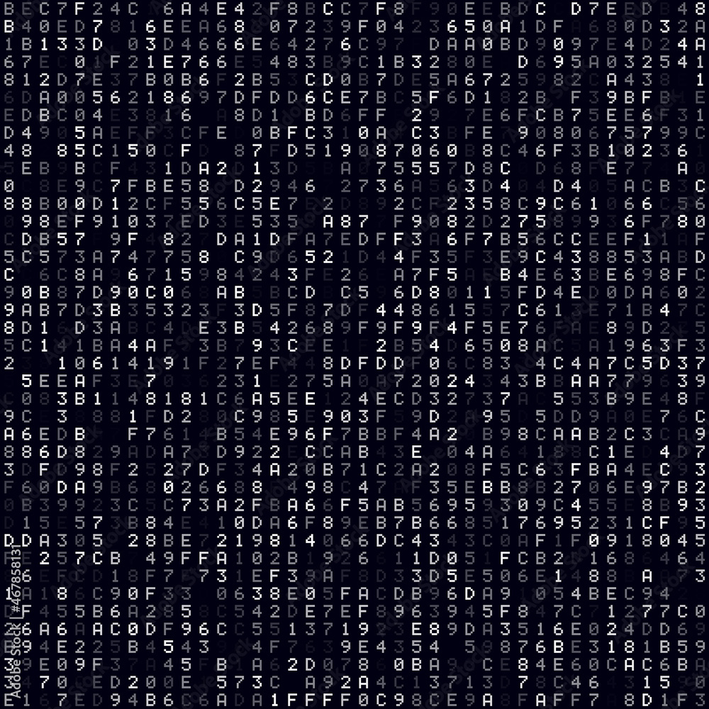 Matrix background. White filled hexademical background. Medium sized seamless pattern. Radiant ...