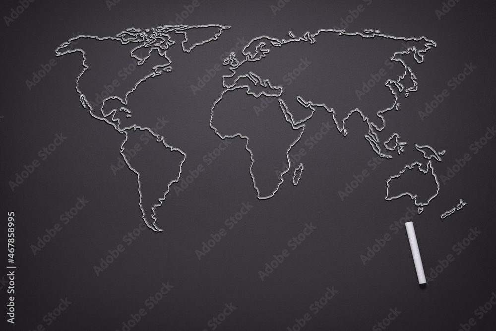 world map drawn in chalk on a blackboard, Earth Day, continents ...