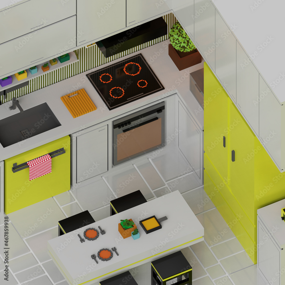 close up 3d rendered pistachio green kitchen utensils in voxel kitchen ...