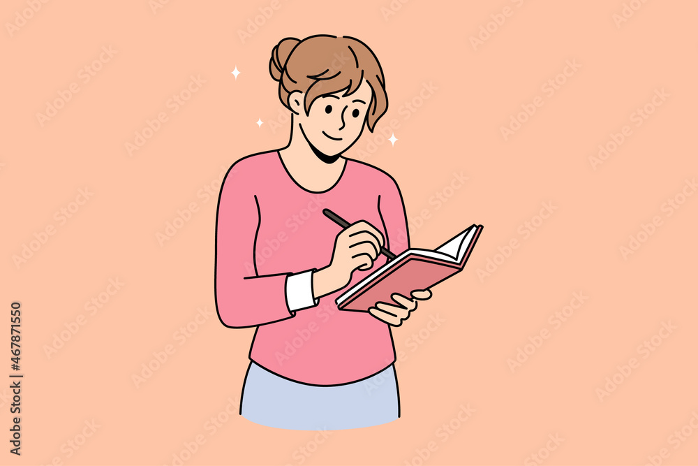 Making notes and writing diary concept. Young smiling woman cartoon ...