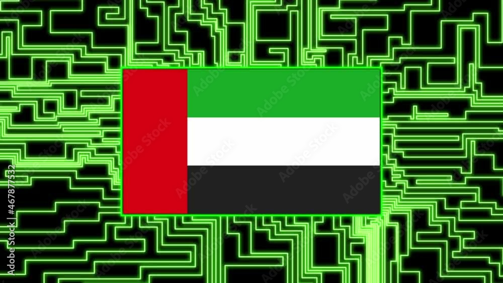 United Arab Emirates Flag lights up on circuit board as power reaches ...