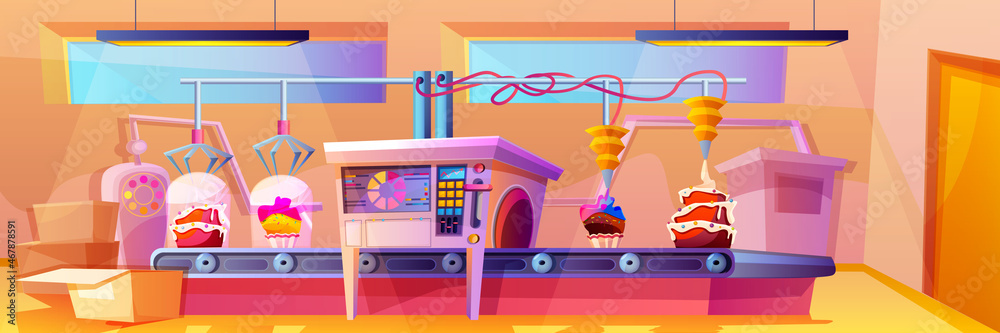 Cartoon candy factory, sweets desserts and cupcakes moving on line with ...