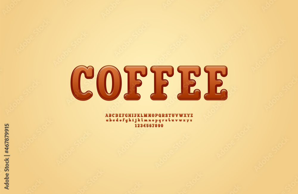 Coffee 3d font, alphabet in the cartoon style, slab serif rounded ...