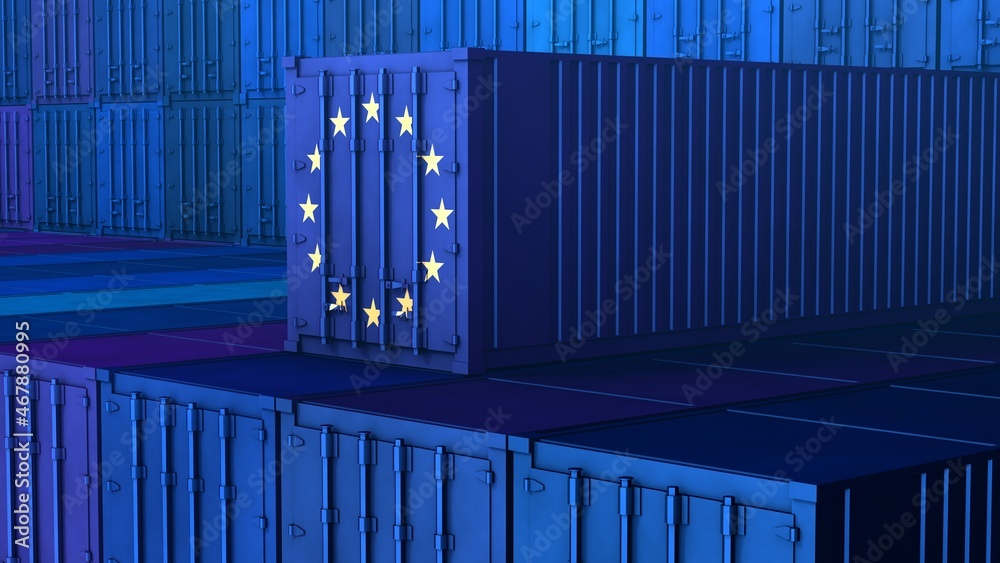 Stacked cargo containers. Flag of EU. The restart of european economy ...