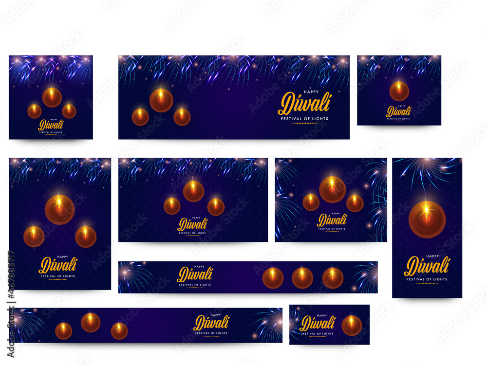 Happy Diwali Social Media Post And Header Set With Top View Of Lit Oil ...