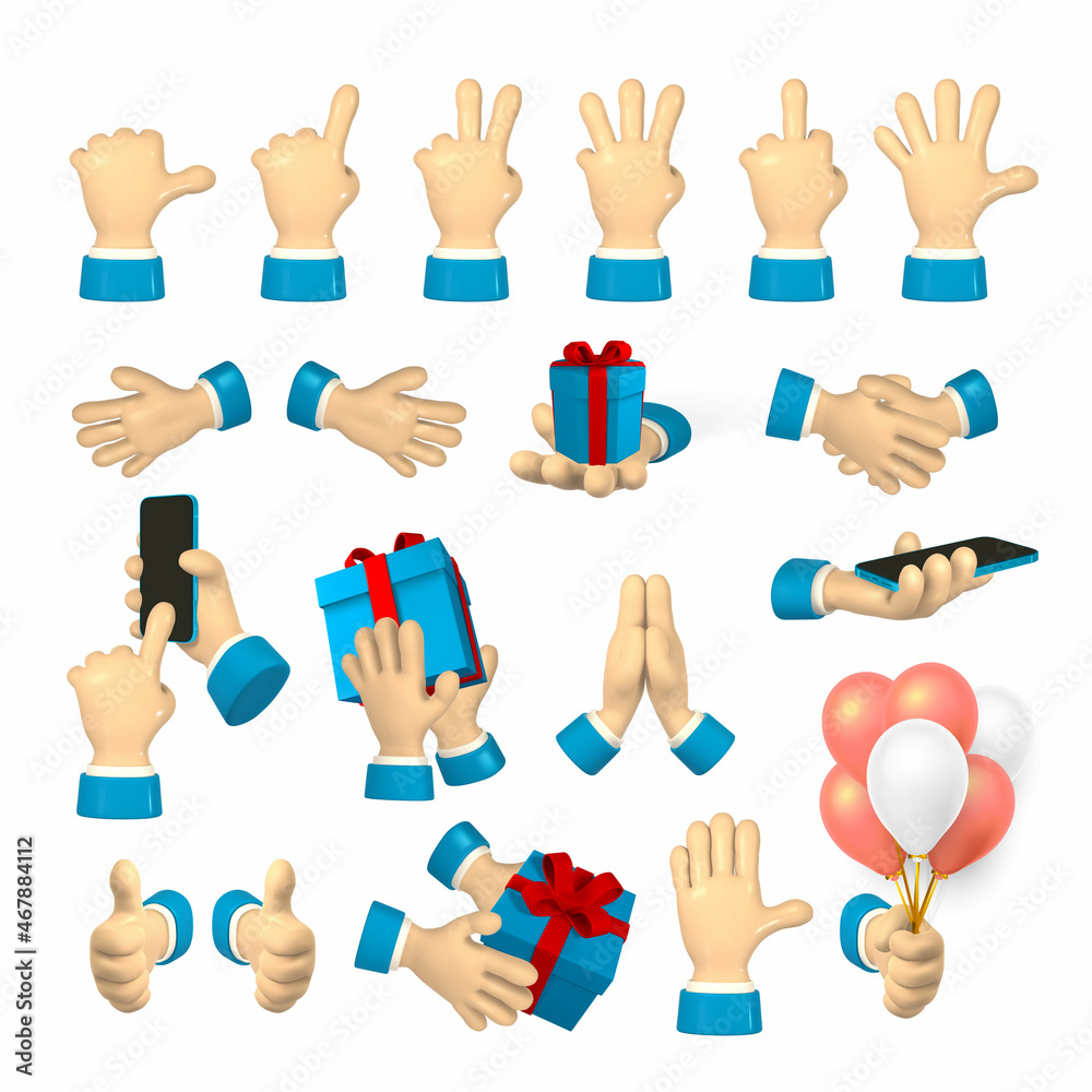 Cartoon character hands shows finger gestures. 3d render hand ...
