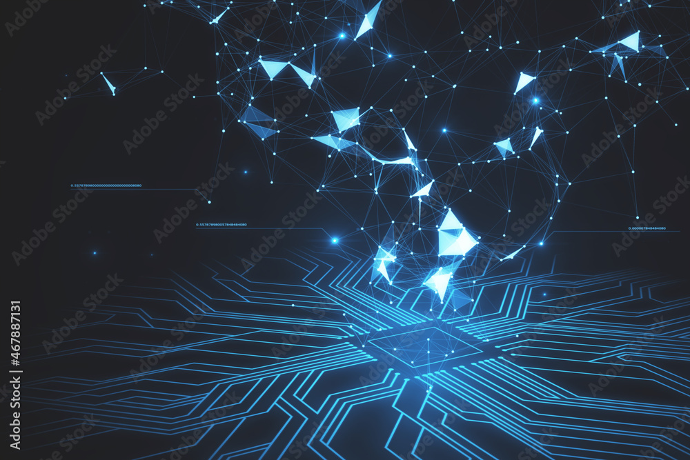 Abstract blue circuit with polygonal pattern on dark background. AI and ...