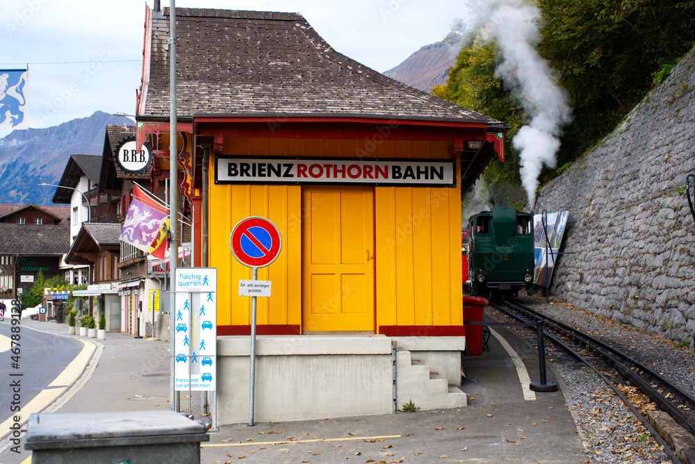 Train station of cog railway Rothorn steam train at village of Brienz ...