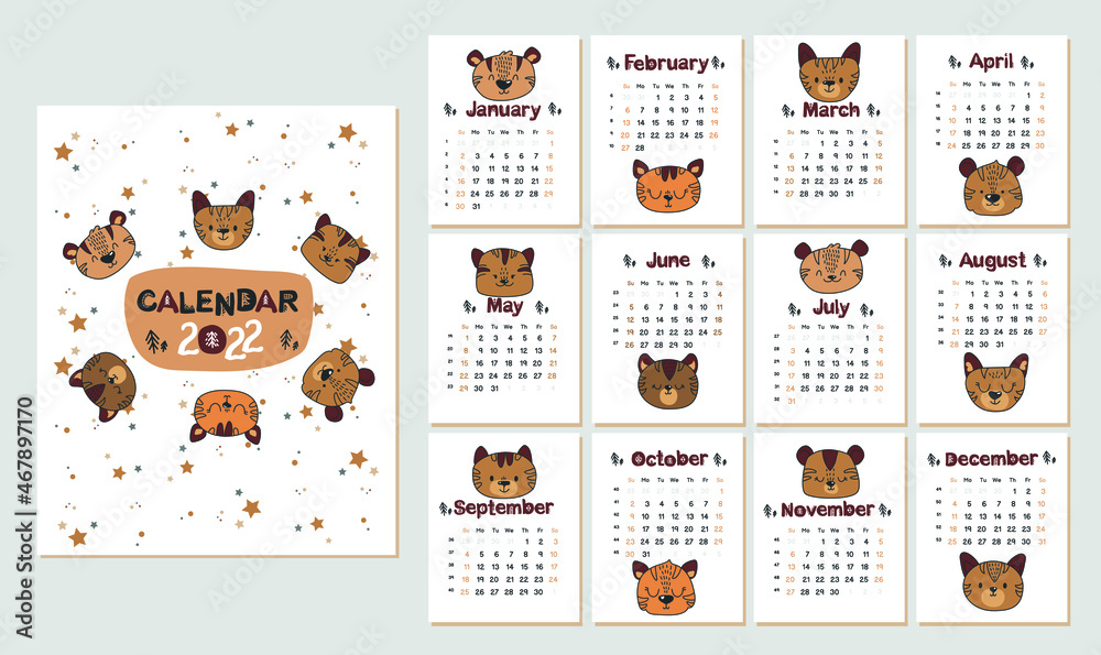 Calendar design 2022. Funny and cute calendar with hand drawn tigers ...