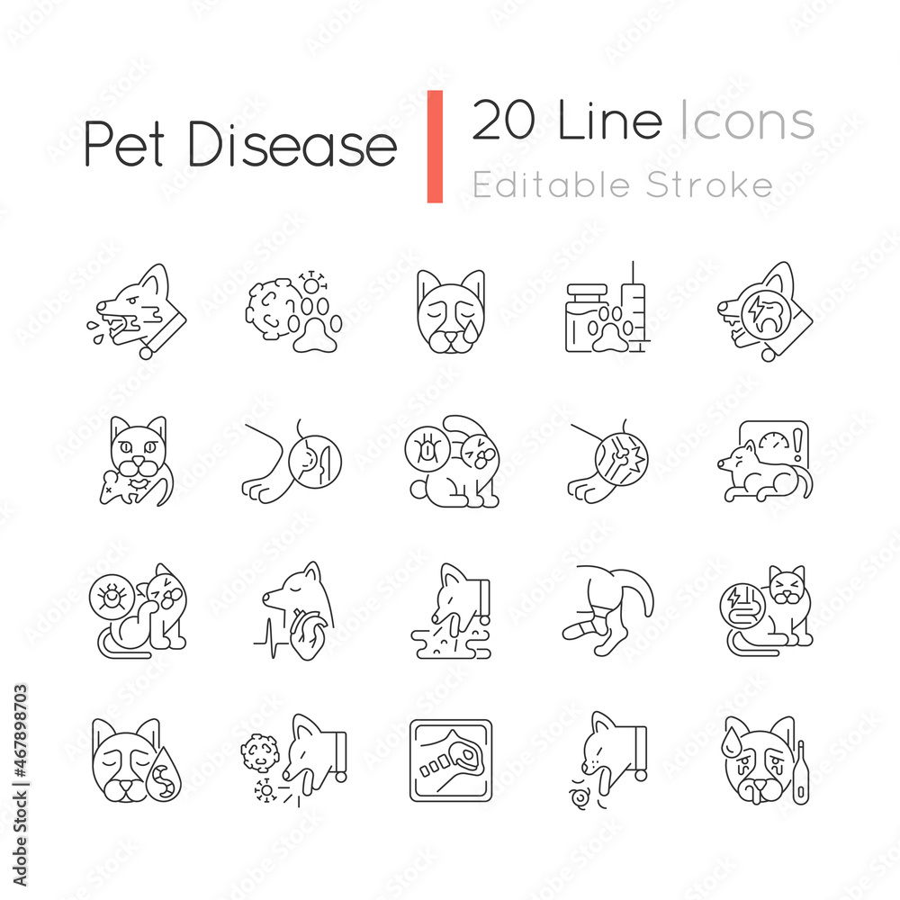 Pet disease linear icons set. Infectious viral illness. Physical animal ...