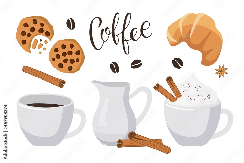 Coffee text with two coffee mugs, creamer, croissant, cookies, cinnamon ...