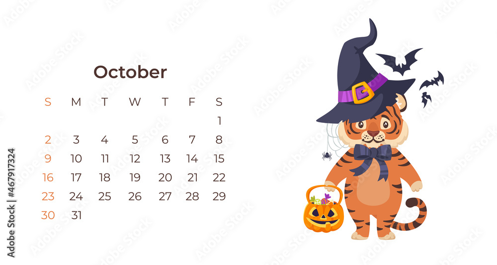 Cute cartoon tiger October 2022 calendar horizontal template. Stock ...