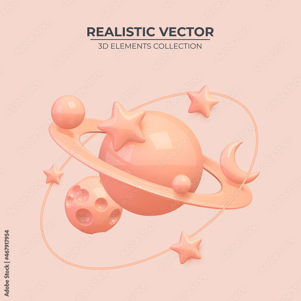 Abstract solar system with planets, stars and meteorite. Glossy 3d ...