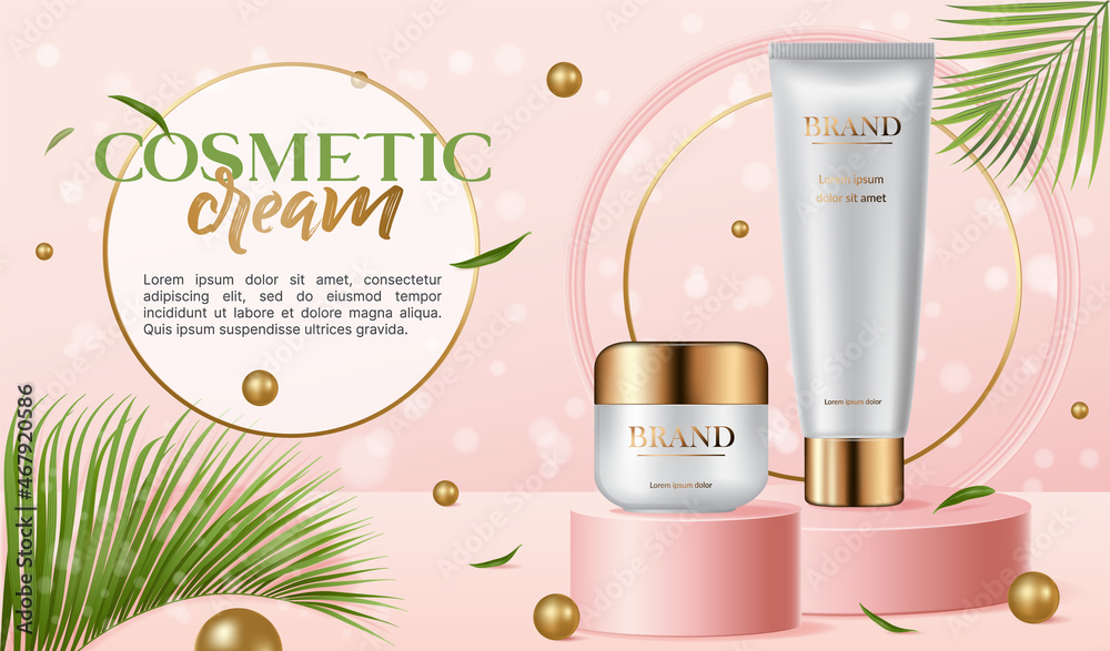 Banner of Skin care cosmetics on podium with green leves, realistic ...