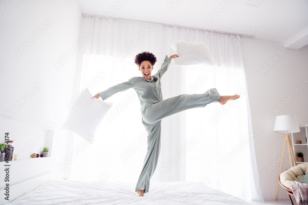 Full length body size view of attractive cheerful ecstatic crazy girl ...