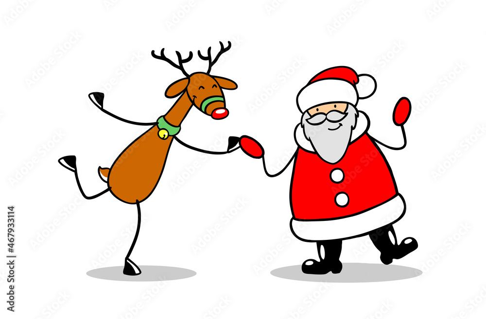 Weihnachtsmann und Rentier tanzen zusammen Stock Illustration | Adobe Stock