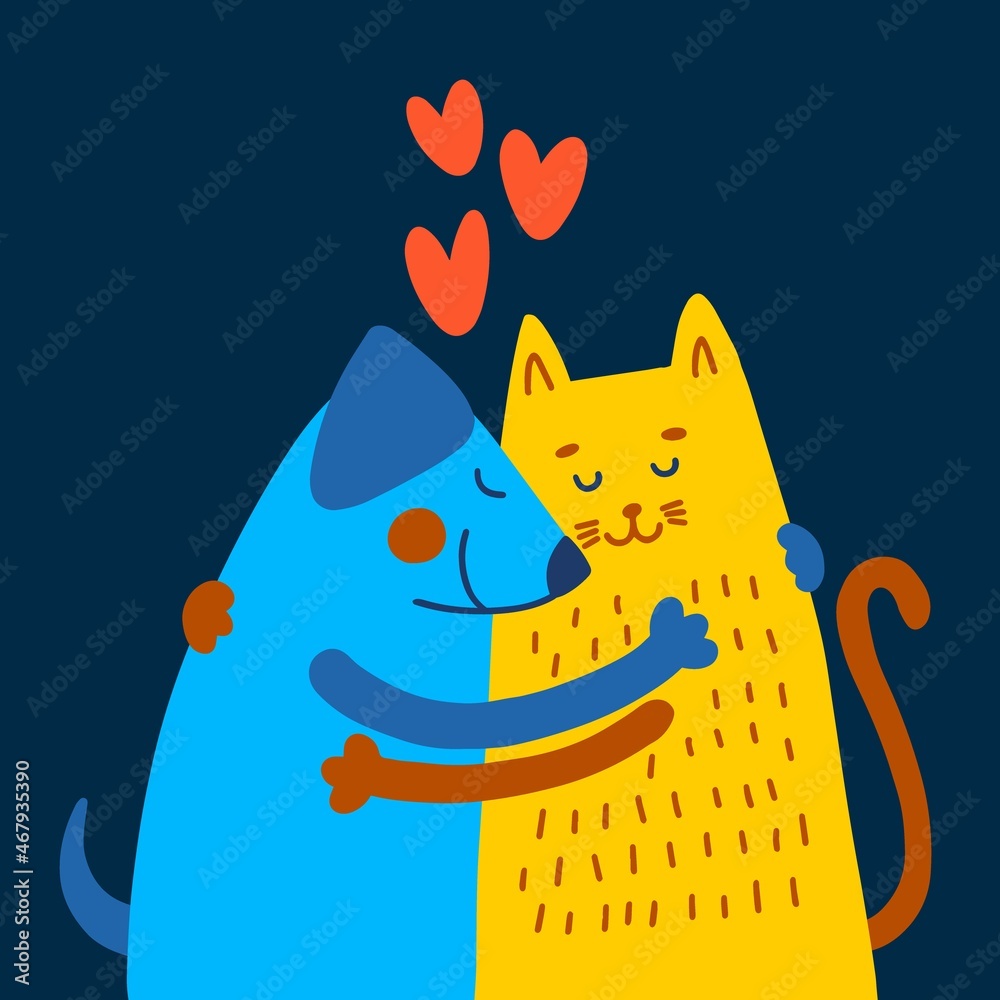 Vector drawing of a cat and a dog hugging together Stock Vector | Adobe ...