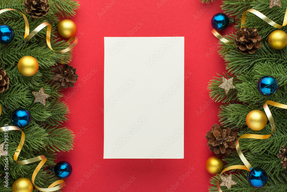 Top view photo of paper sheet gold and blue christmas tree balls pine ...