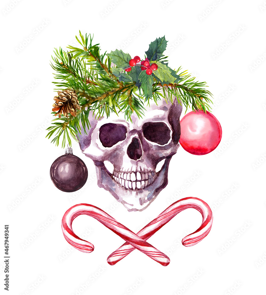 Creepy Christmas skull with candy canes as bones, spruce branches ...