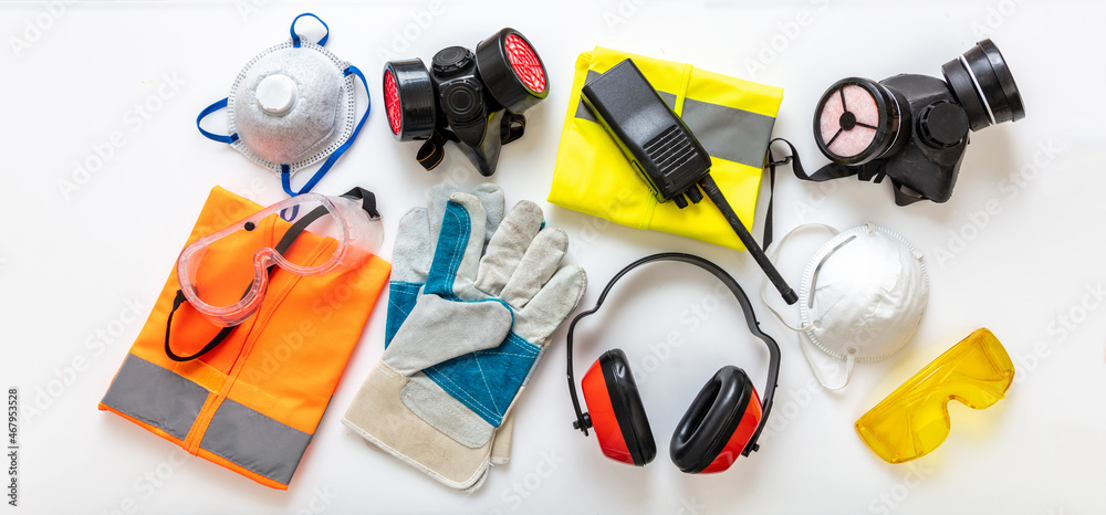 Work health and safety flat lay. Labor personal protective gear for ...