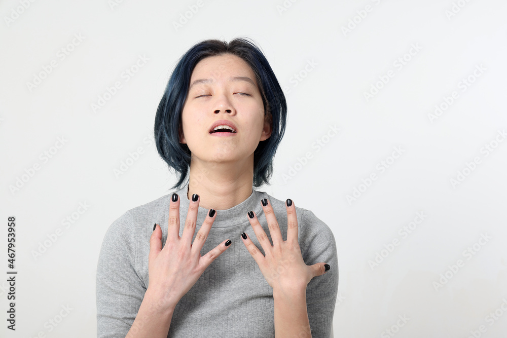 Young attractive Asian chinese malay woman pose face body expression ...