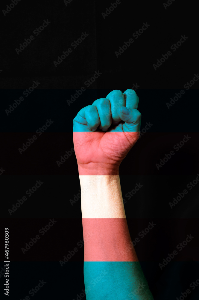 Fist hand with transgender pride flag patterned isolate on black ...