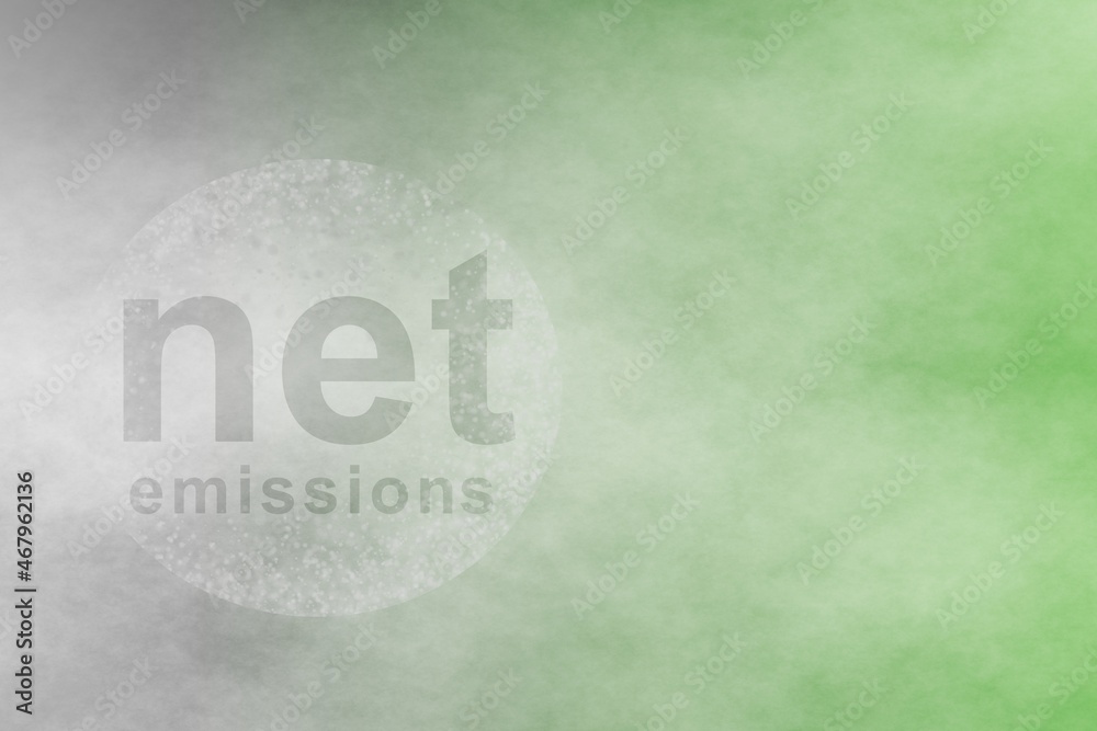 Net zero emissions text in dirty grey smog atmosphere on blurred ...