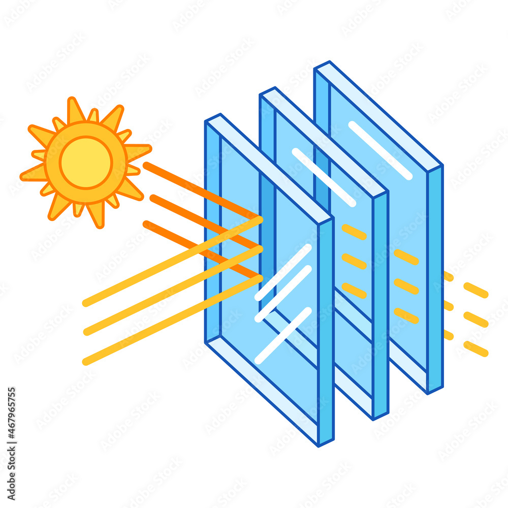 Sun protection with glass layers. Cross section double glazed window ...