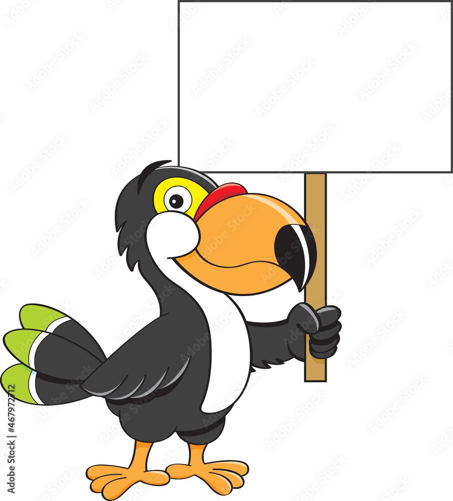 Cartoon illustration of a happy toucan holding a large sign. Stock ...
