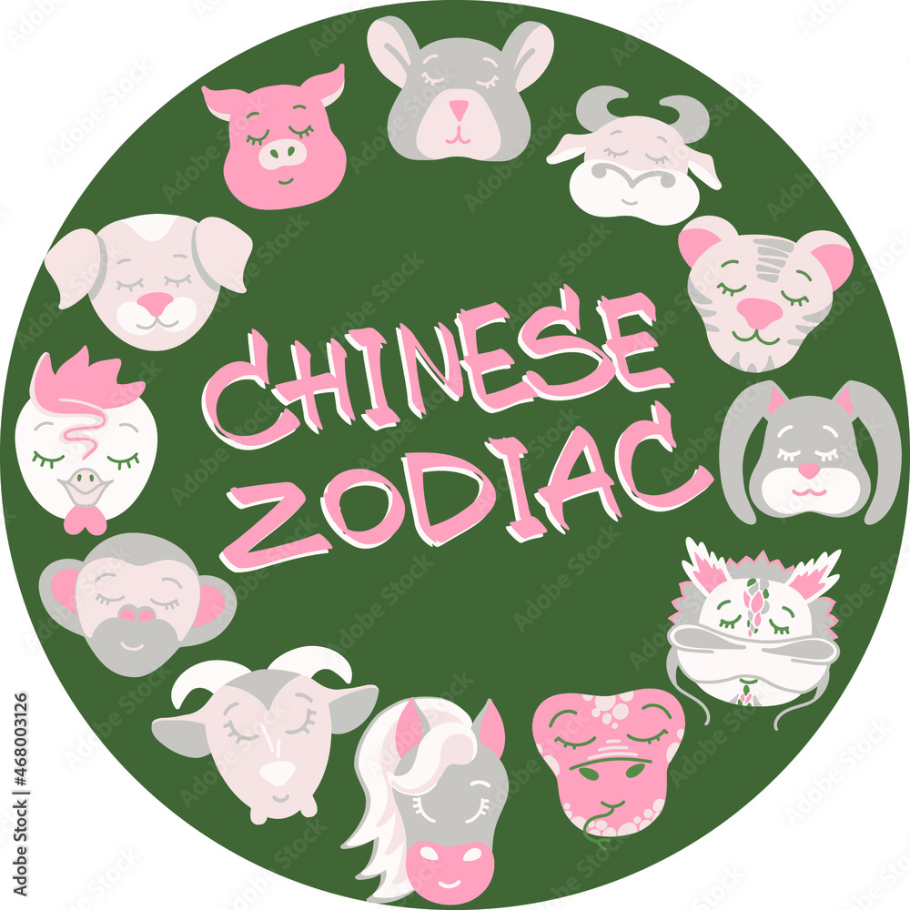 Chinese zodiac wheel with twelve animals. Vector cute animals: rat ...