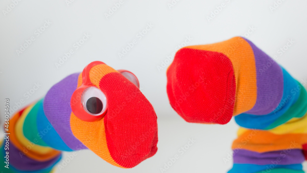 Visibility for LGBTQ+ community. Two hand puppets with rainbow flags ...