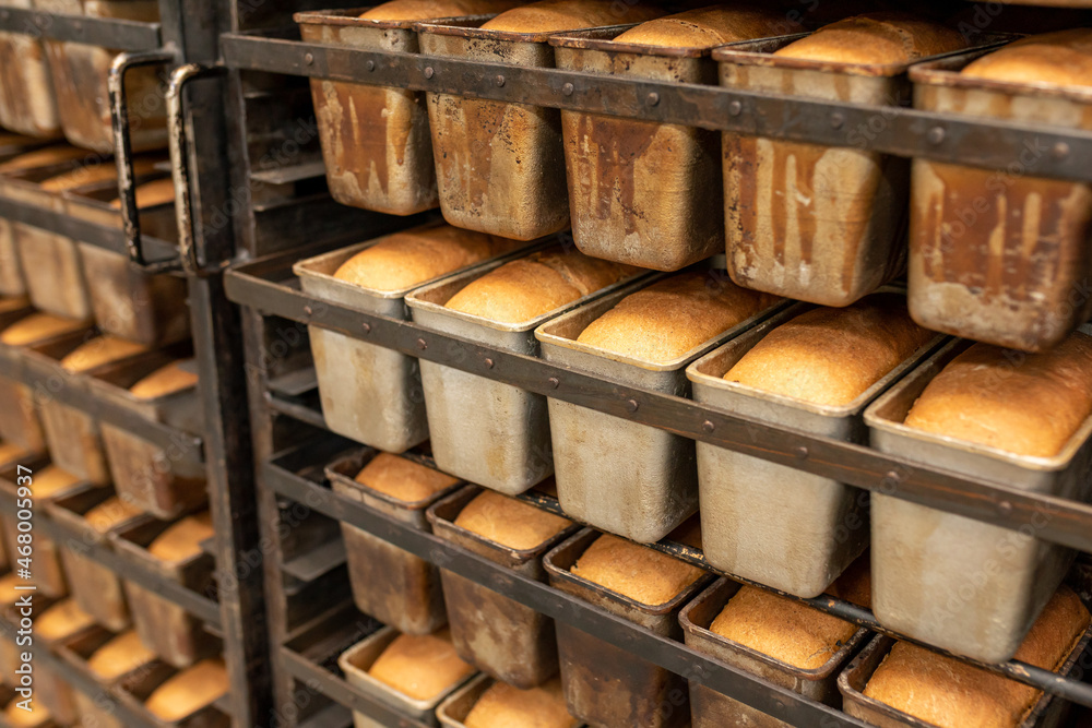 Metal racks with freshly baked loaves of fresh wheat bread. Fresh bread ...
