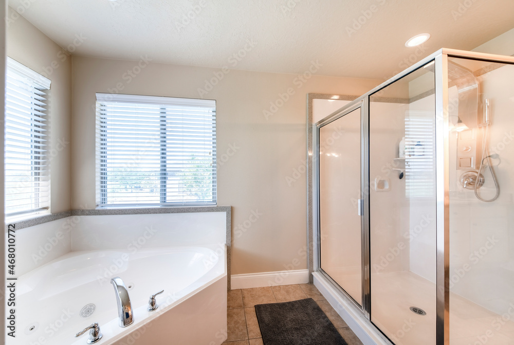 Bathroom interior with corner bathtub and shower stall with glass and ...