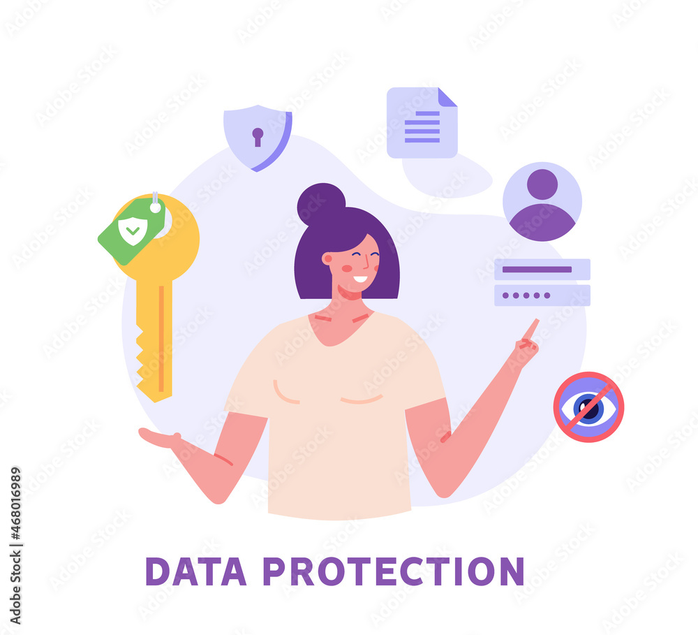 Vetor de Data protection concept. Cyber specialist protecting data files with safe password ...