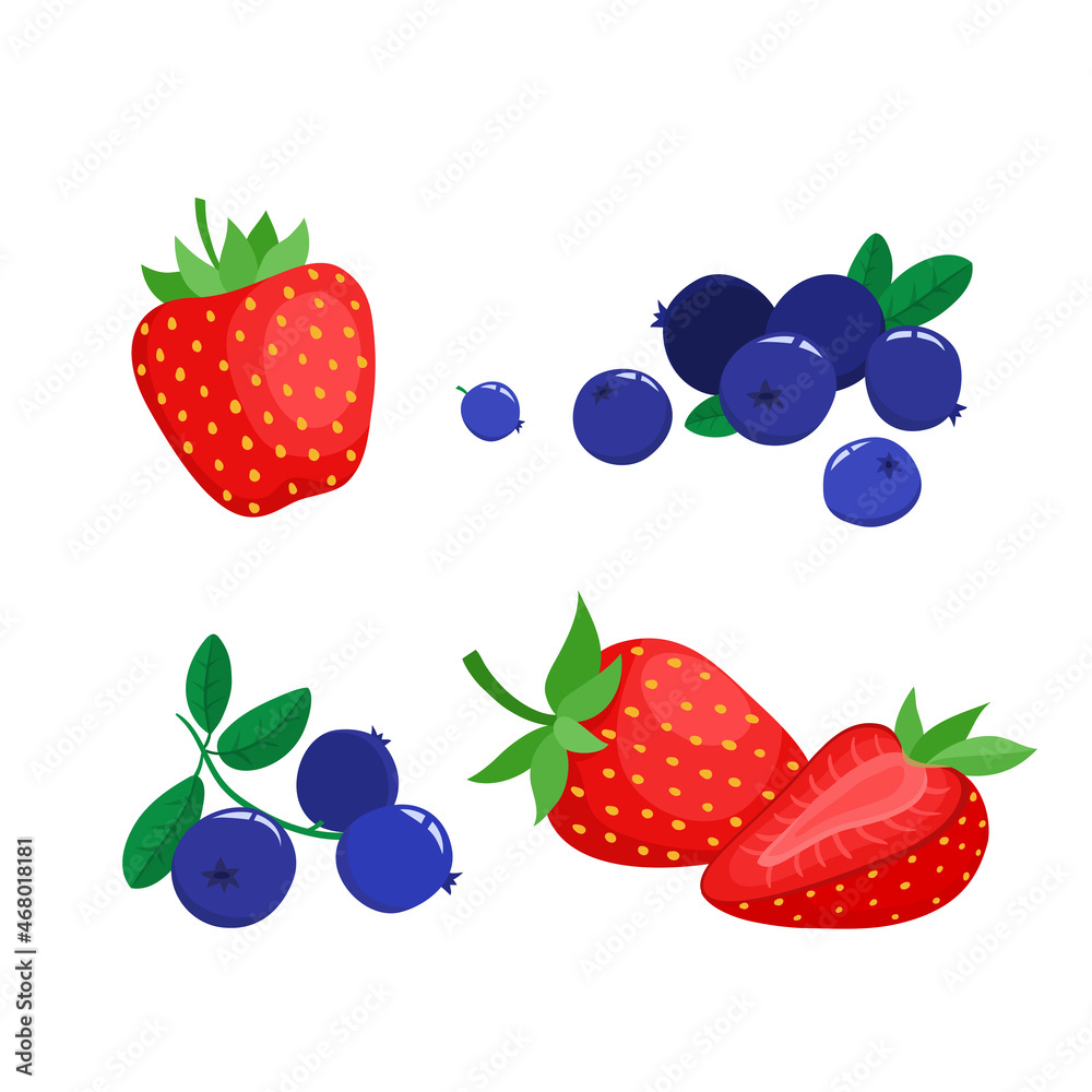 Cartoon bright natural strawberries and blueberries isolated on white ...