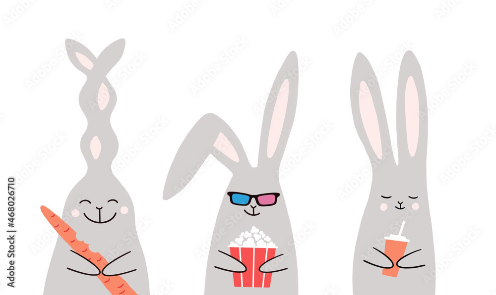 Bunnies set. Popcorn, carrot, soda. Cute cartoon funny character ...