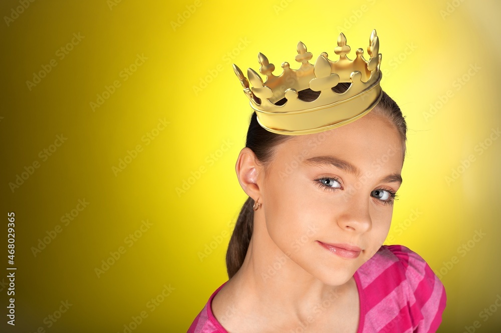 Princess concept. Girl wears a golden crown symbol of a princess. Stock ...