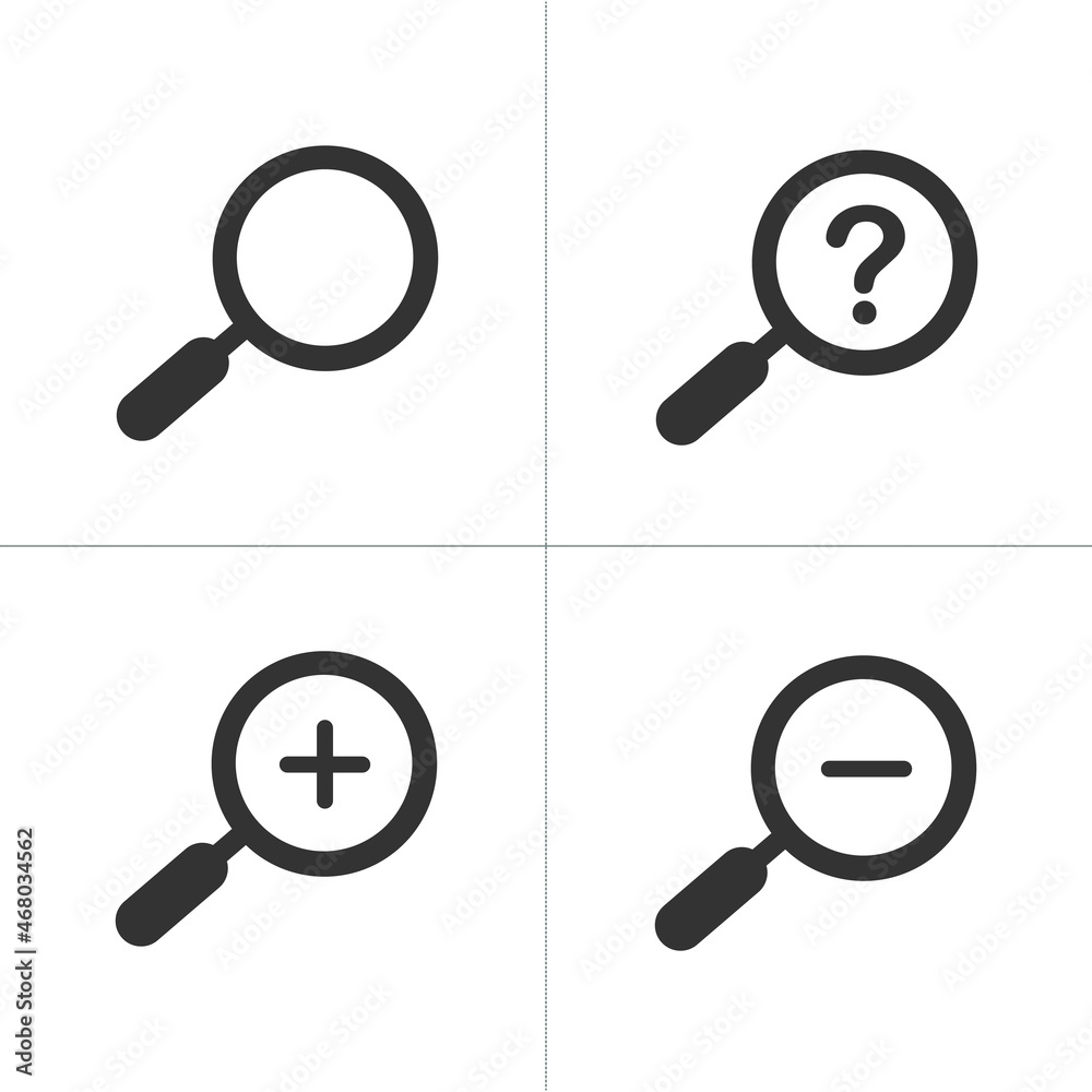 Magnifying glass icon set. Blang, faq, increase and decrease icons. Zoom in zoom out icon. Stock ...