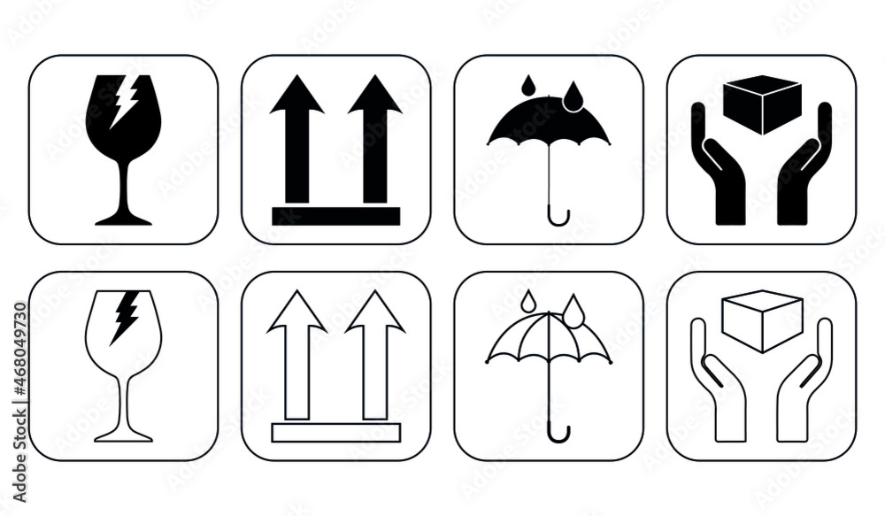 Fragile packages icon set. Charge warning signs. Fragile package, handle with care and delivery ...