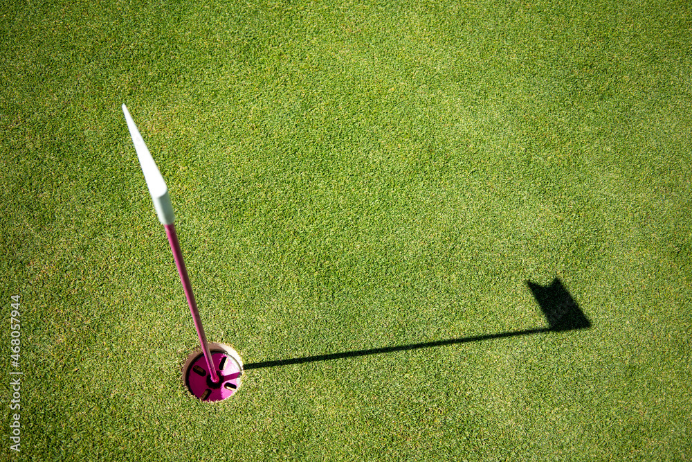 Hole marked with small flag at the mini golf area. Number flag on a ...